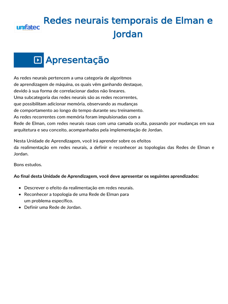 aula 8 Redes neurais temporais de Elman e Jordan | PDF | Rede neural ...