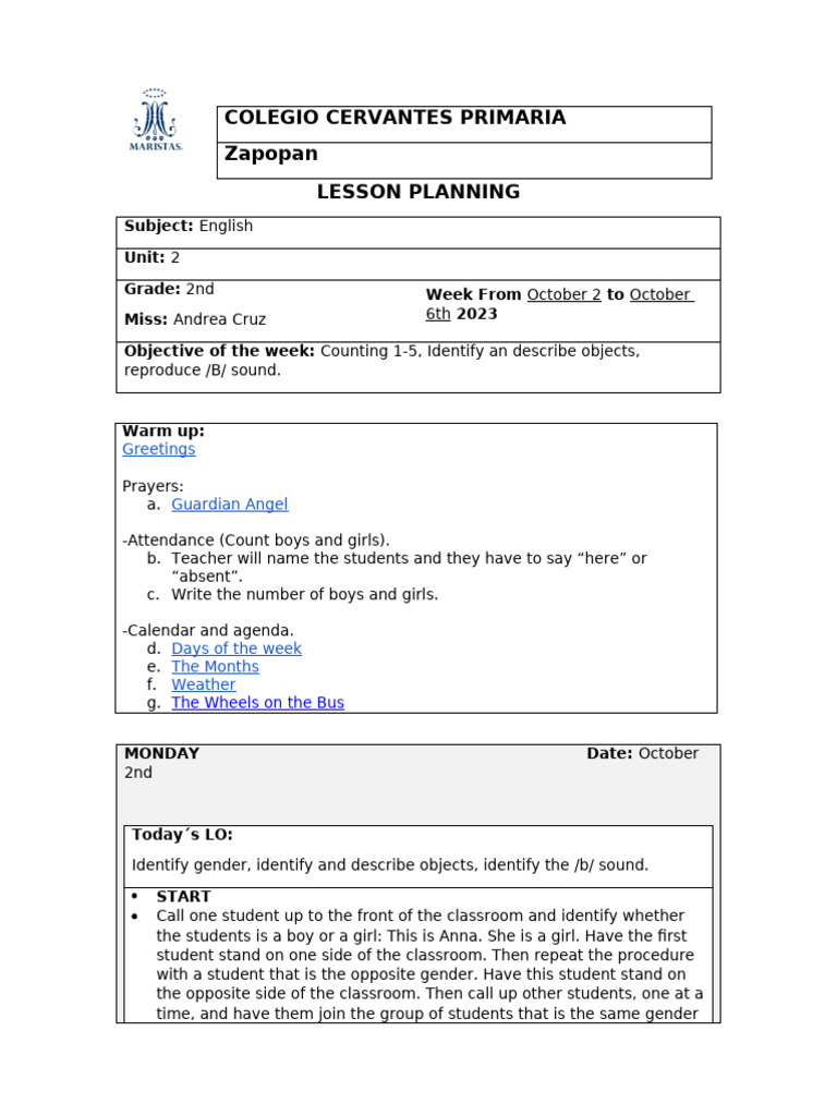5). October 2-6 K2 Lesson Plan | PDF