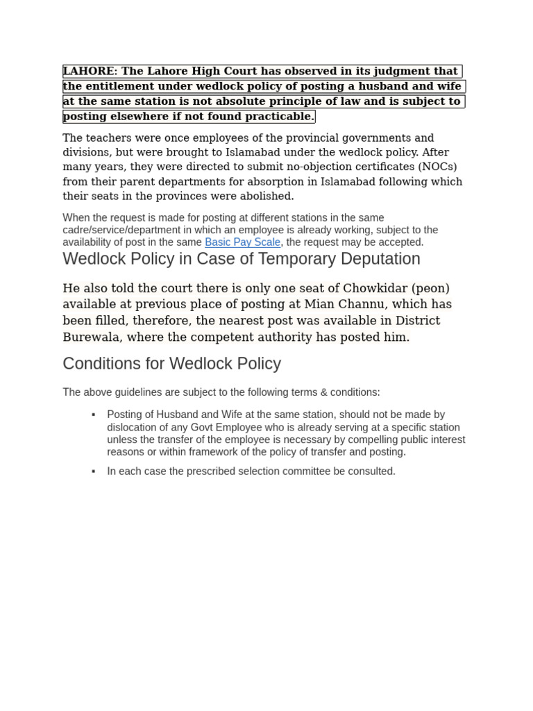 Wedlock Policy in Case of Temporary Deputation: Basic Pay Scale | PDF