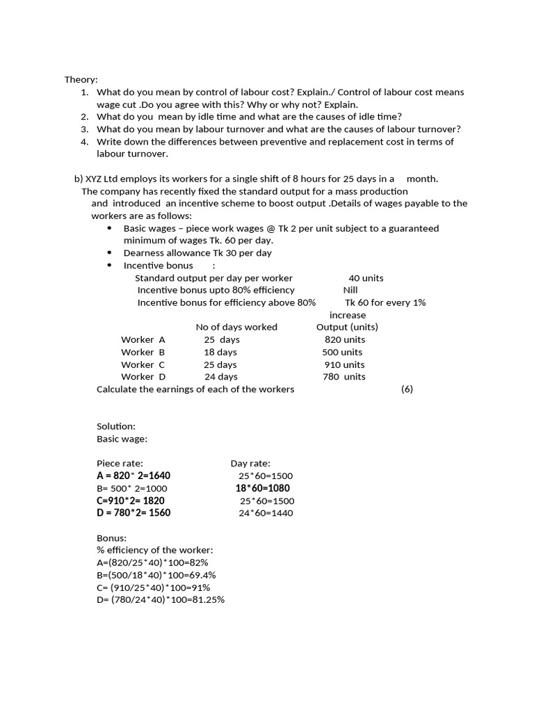 Labour Costing Copy Pdf Piece Work Industrial Relations