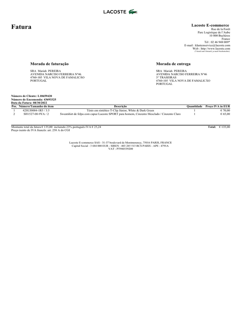 Fatura Lacoste (1) | PDF