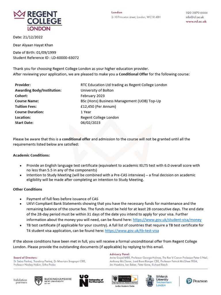RCL - Conditional Offer Letter - Alyaan Hayat Khan | PDF