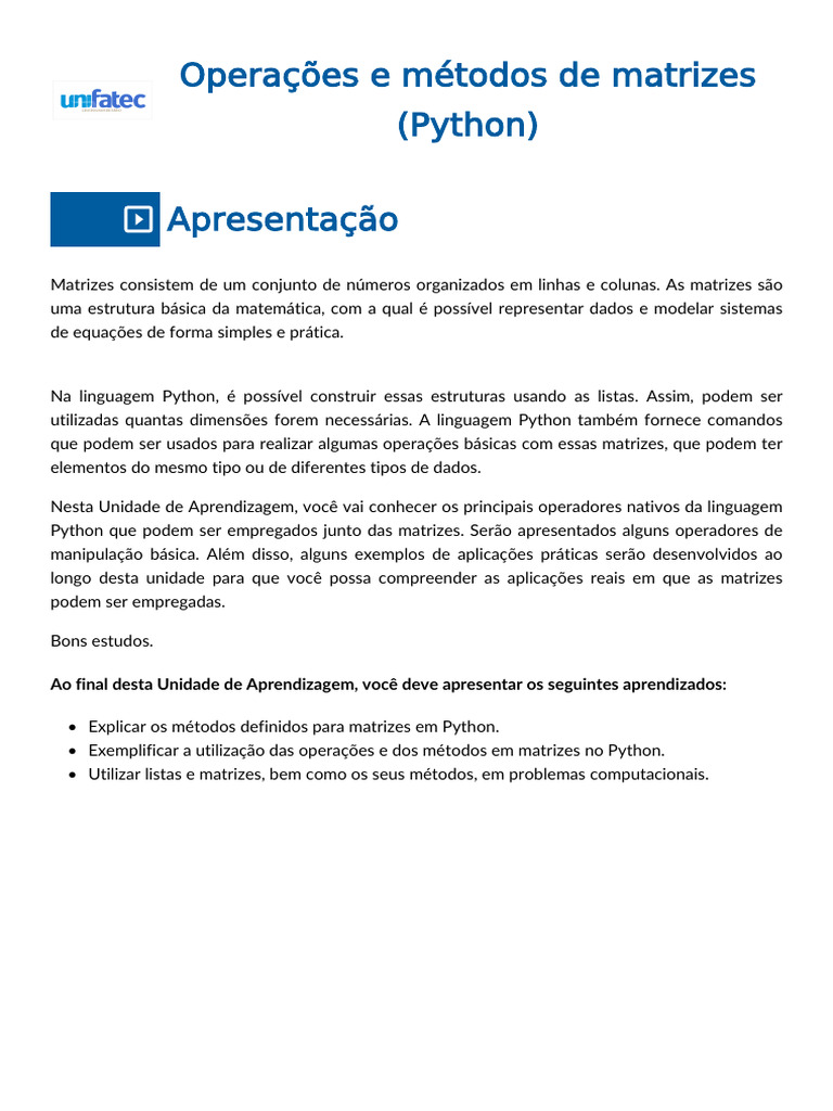 Matrizes em Python: Guia Prático | PDF | Matriz (Matemática) | Python ...