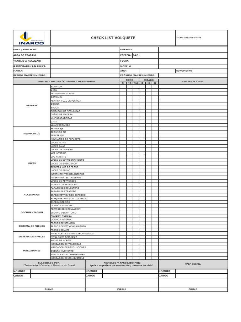 Checklist de Mantenimiento para Volquete | PDF | Coche | Vehículo de motor