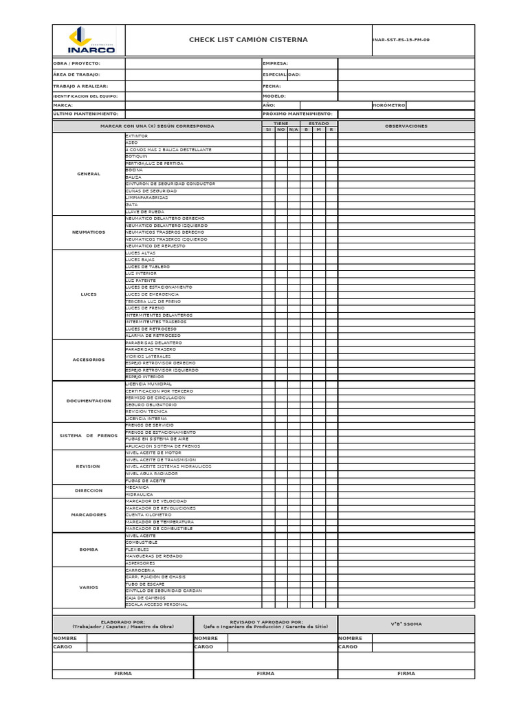 Lista de Verificación Camión Cisterna | PDF | Neumático | Camión