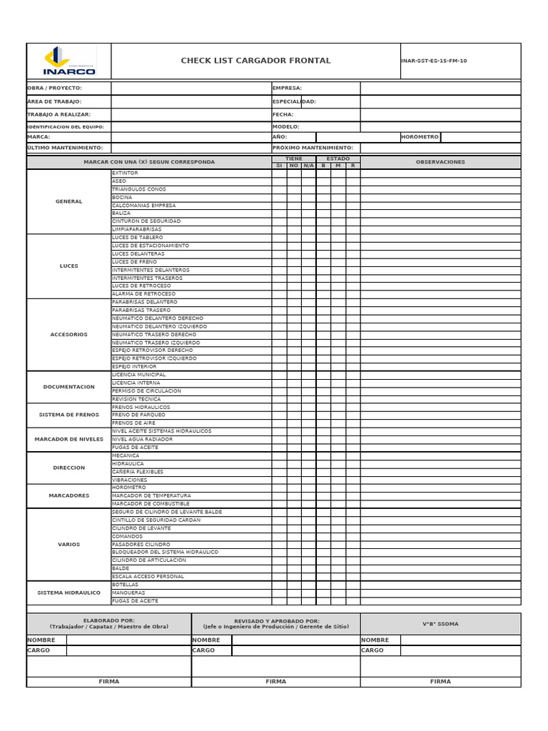 INAR-SST-ES-15-FM-10 Check List Cargador Frontal Ver. 01 | PDF ...