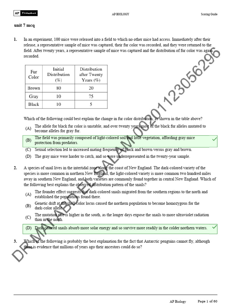 AP Natural Selection (1) Answers DR Mai Abd El Salam | PDF | Natural ...