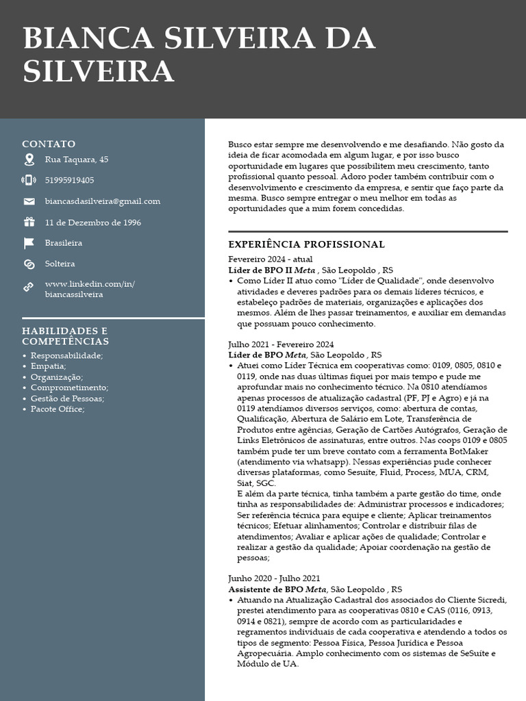 Bianca SilveiradaSilveira Currículo Atualizado | PDF | Gestão de recursos humanos | Business