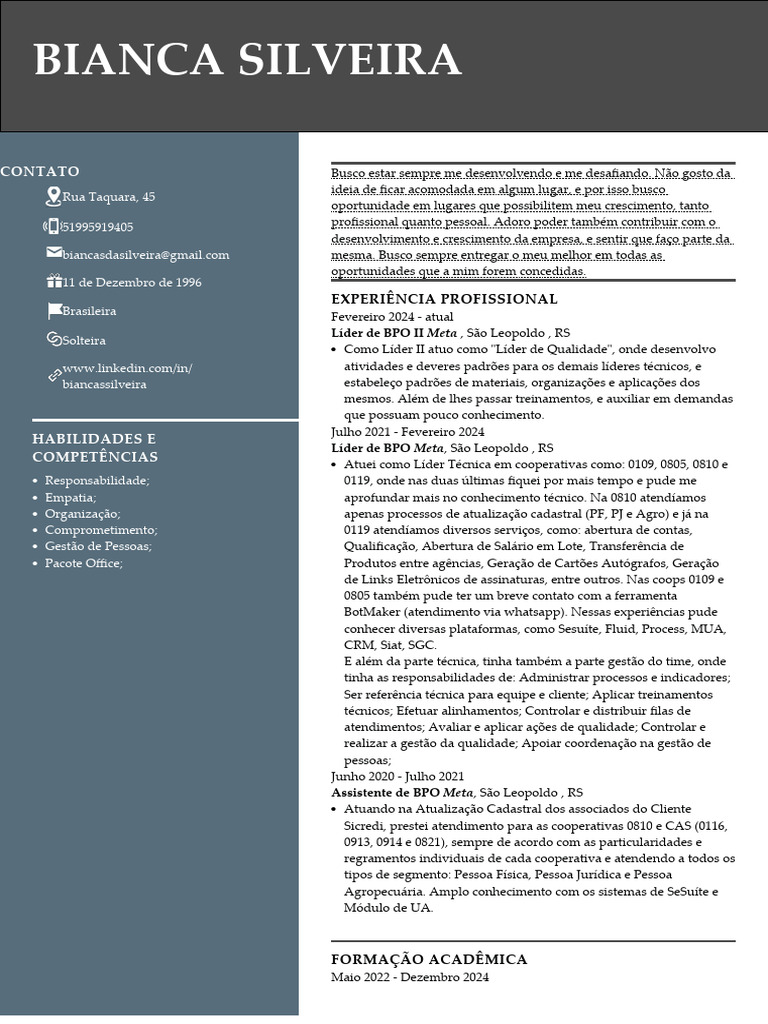 Bianca SilveiradaSilveira Currículo | PDF | Gestão de recursos humanos | Business