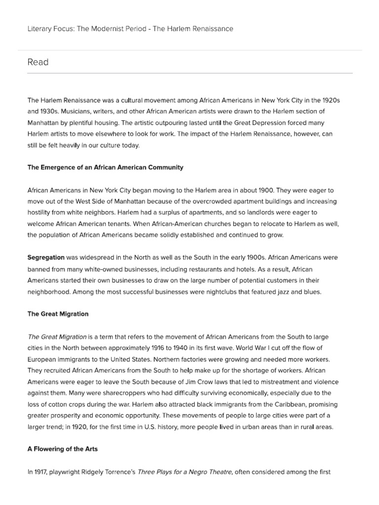 Harlem Renaissance Literary Focus Text | PDF