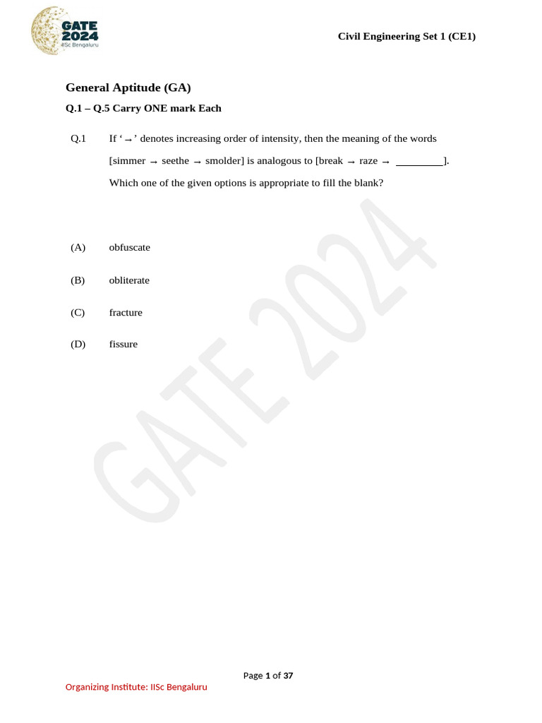 GATE CE 1 2024 Question Paper | PDF | Soil Mechanics