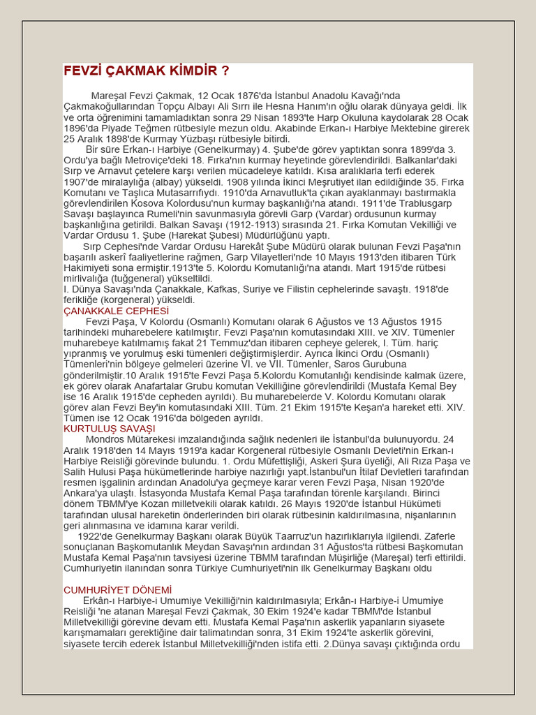 Fevzi Cakmak Hayati | PDF
