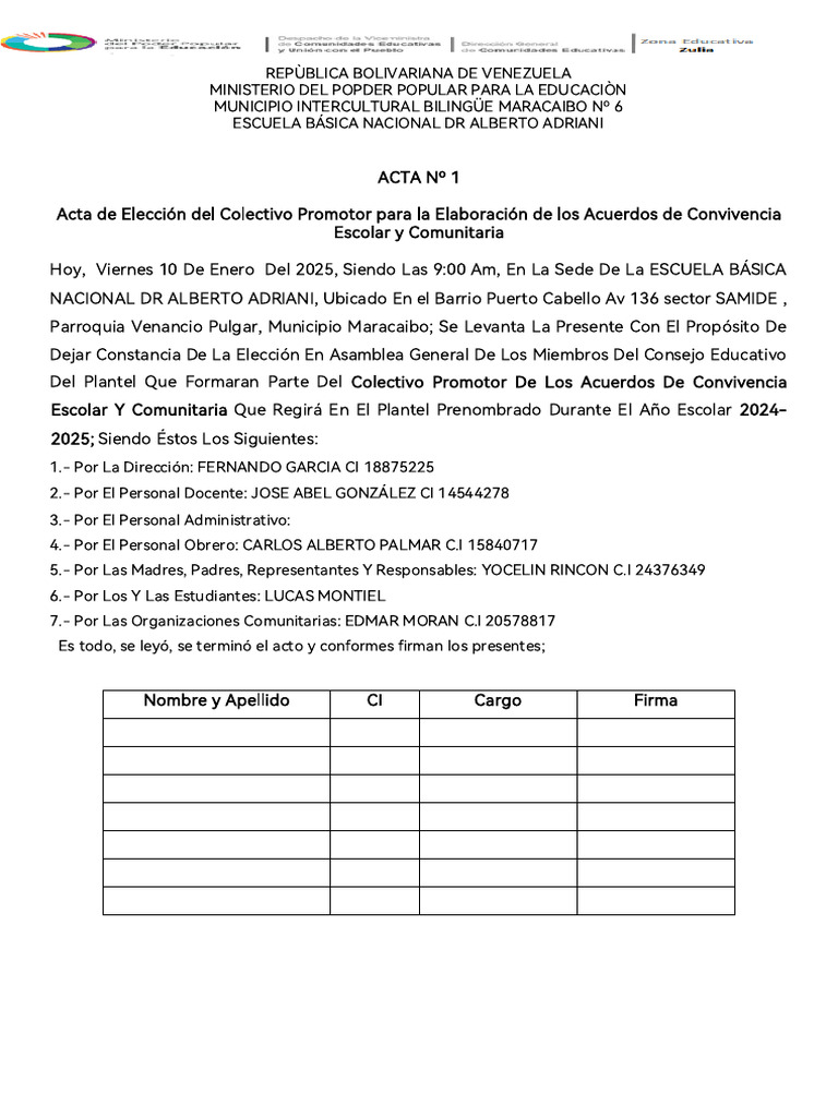 Acta de Manual de Convivencia ALBERTO ADRIANI 2425 | PDF