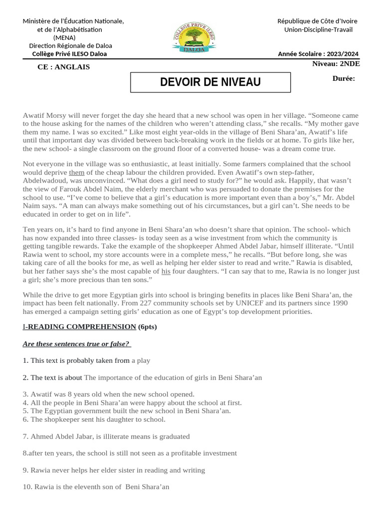 Devoir de Niveau Seconde Mars 2023 | PDF