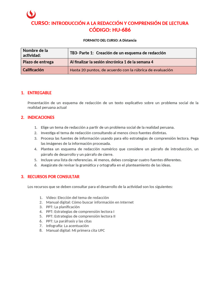 S3 - TB3 - Parte 1 - Esquema de Redacción | PDF | Comprensión lectora | Ortografía