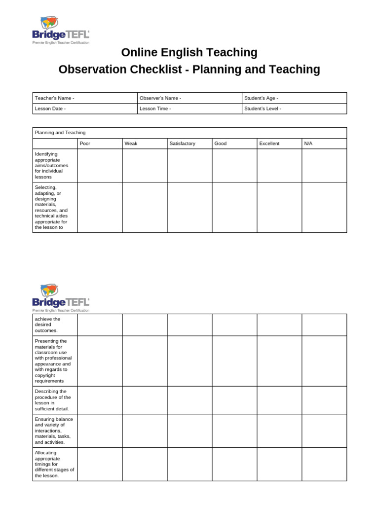 Practicum in Teaching English Online - Observation Checklist (Rubric ...