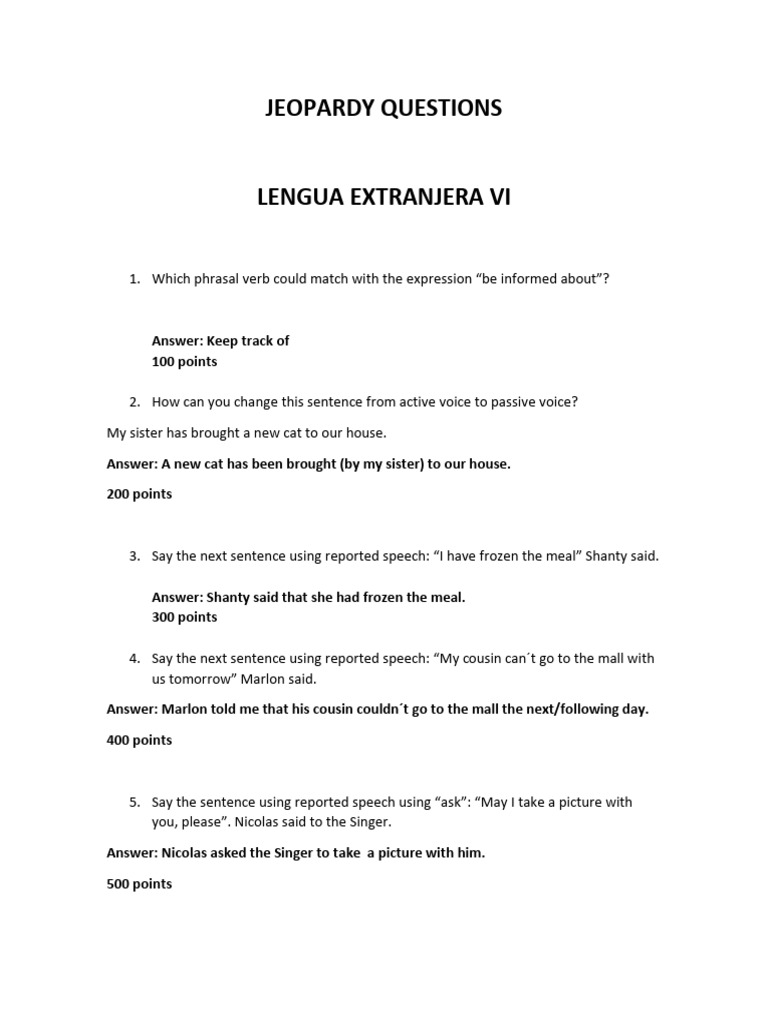 Jeopardy Questions for Language Practice | PDF