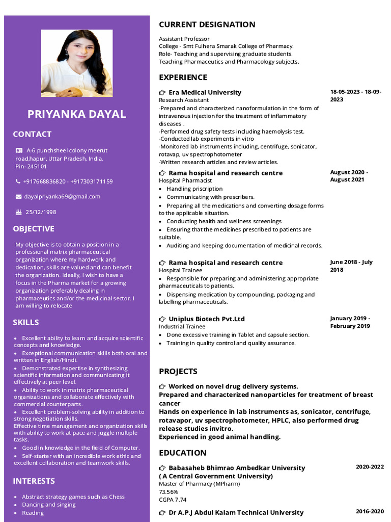 CV M Pharma Priyanka Dayal | PDF | Pharmacy | Medicine