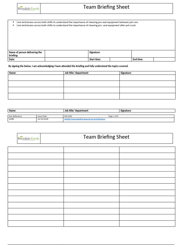 WS85 Team Briefing Record Pro- Seal Cleaning 23.05.2024 | PDF