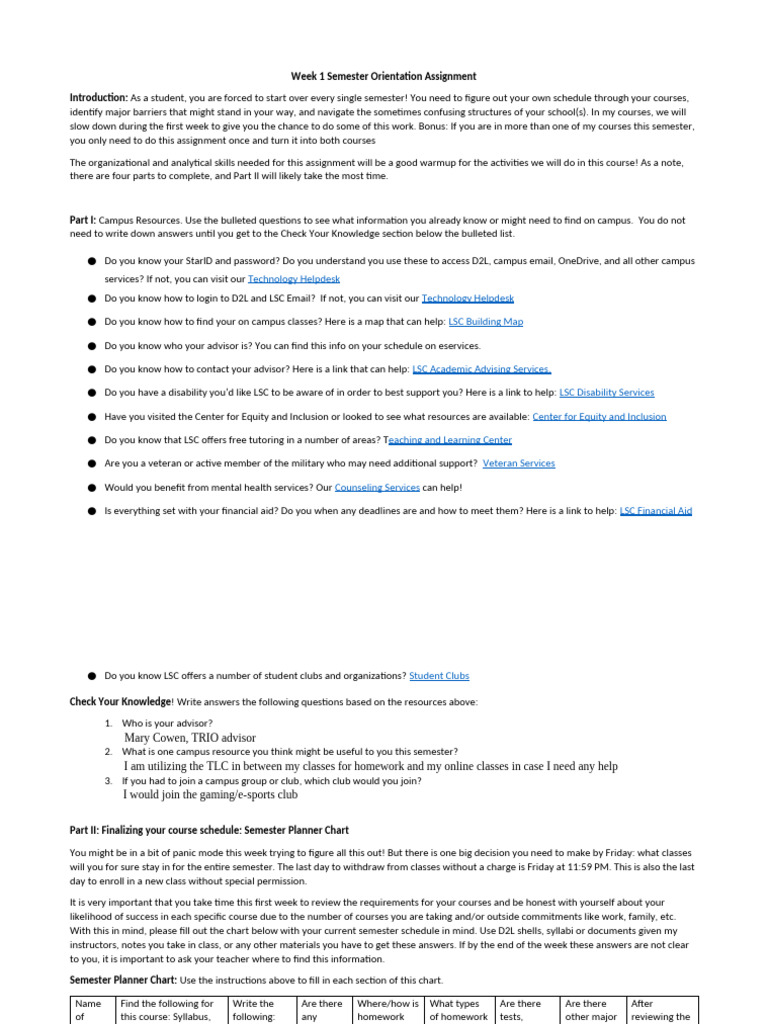 Semester Orientation Assignment | PDF