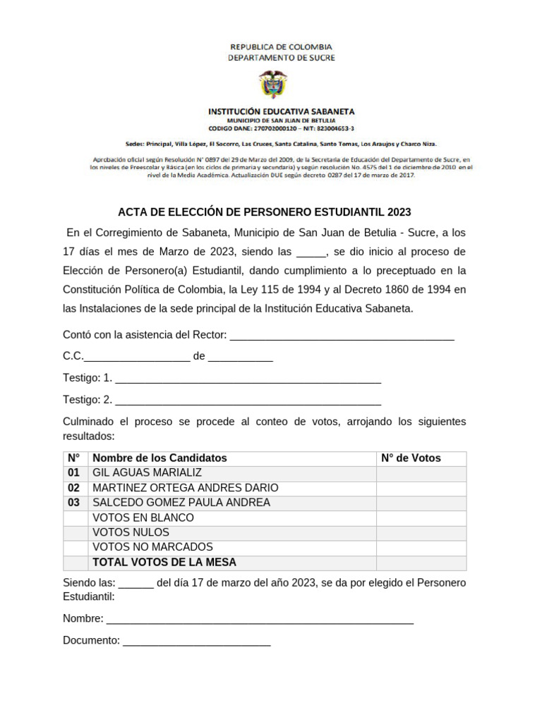 ACTA DE ELECCIÓN DE PERSONERO ESTUDIANTIL 2023 | PDF | Democracia | Ideologías políticas