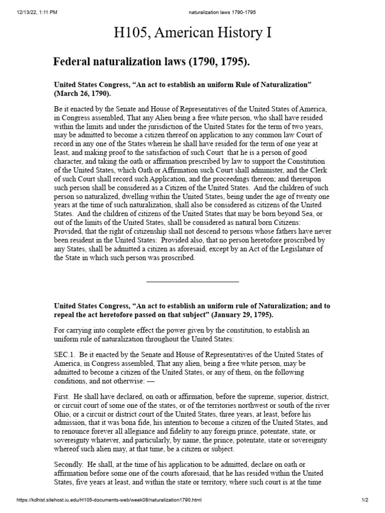 Summary of the 1790 Naturalization Act | PDF | Naturalization | Citizenship