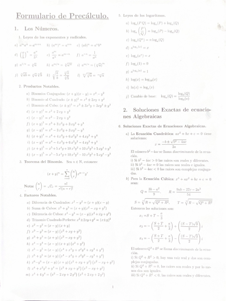 Formulario de Precálculo. | PDF