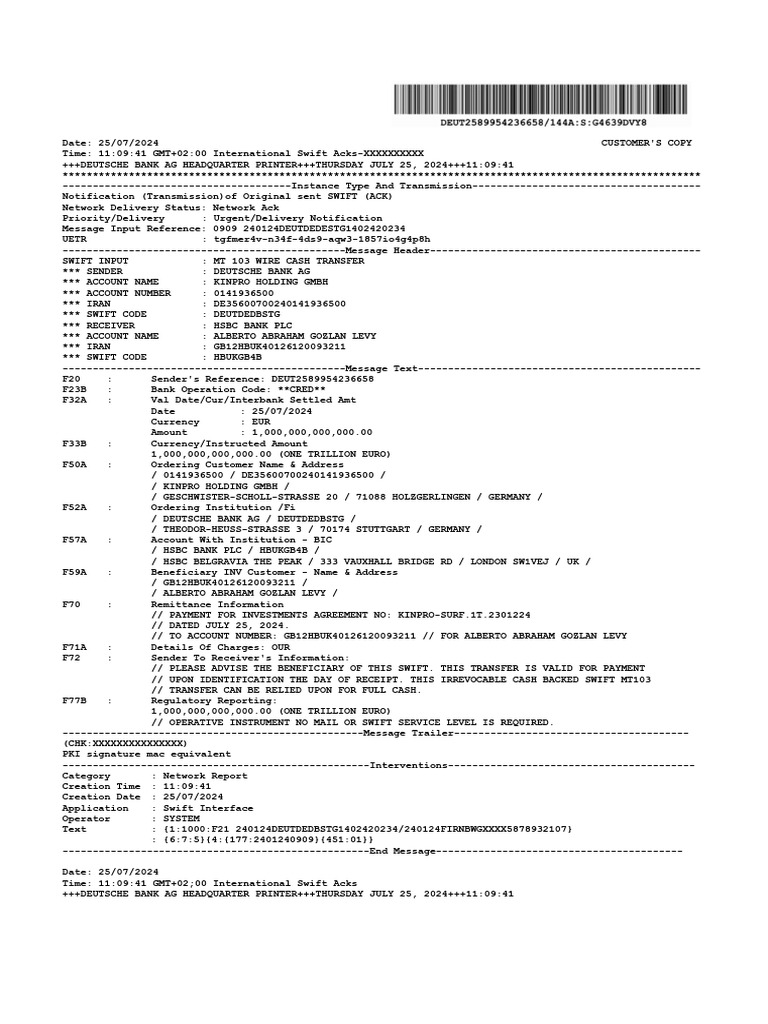 MT103 202 Kinpro Alberto 25.07.2024 1T | PDF | Transmission Control Protocol | Banking Technology