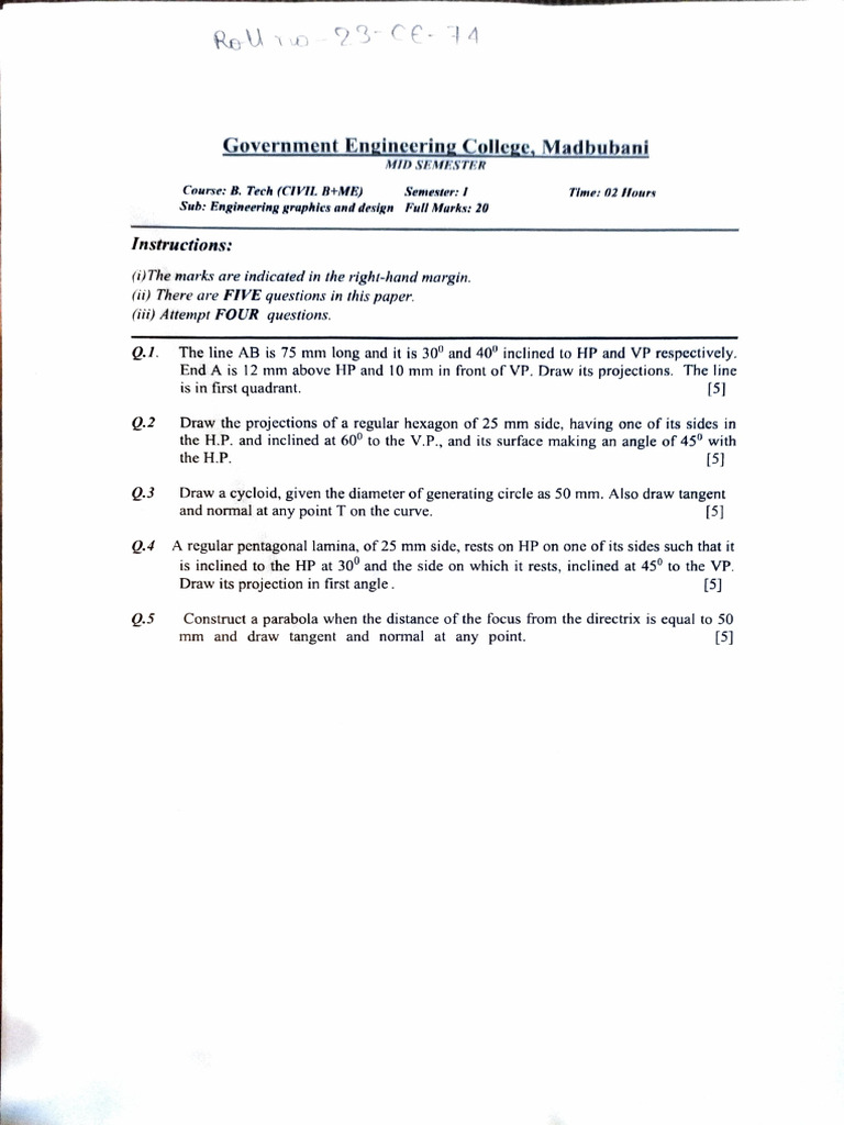 EGD Mid Term Question Paper | PDF