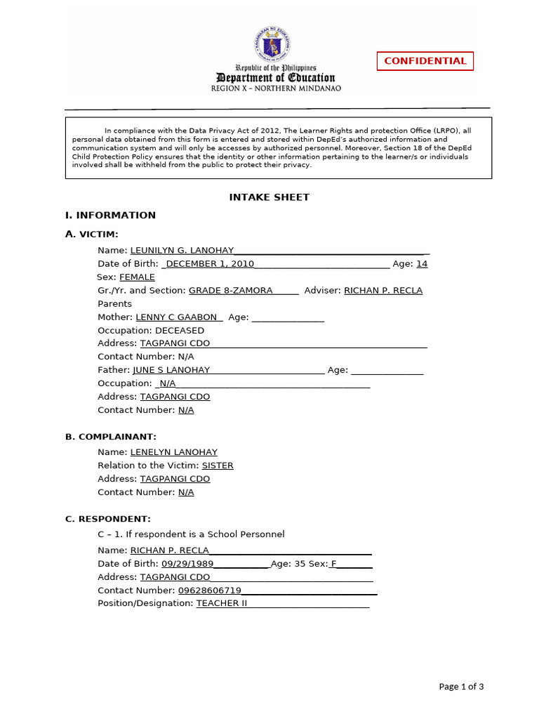 Intake Sheet | PDF | Justice | Crime & Violence