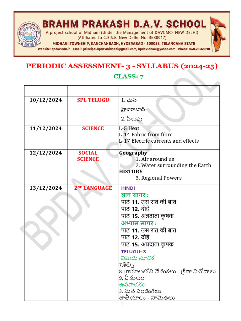 Class 7 - Periodic Assessment-3 - Syllabus - 2024-25 | PDF