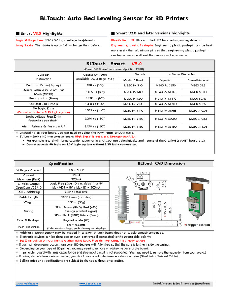 DAR00016 Antclabs BLTouch Auto Bed Leveling Sensor v3 Manual | PDF | Power Supply | Electrical ...
