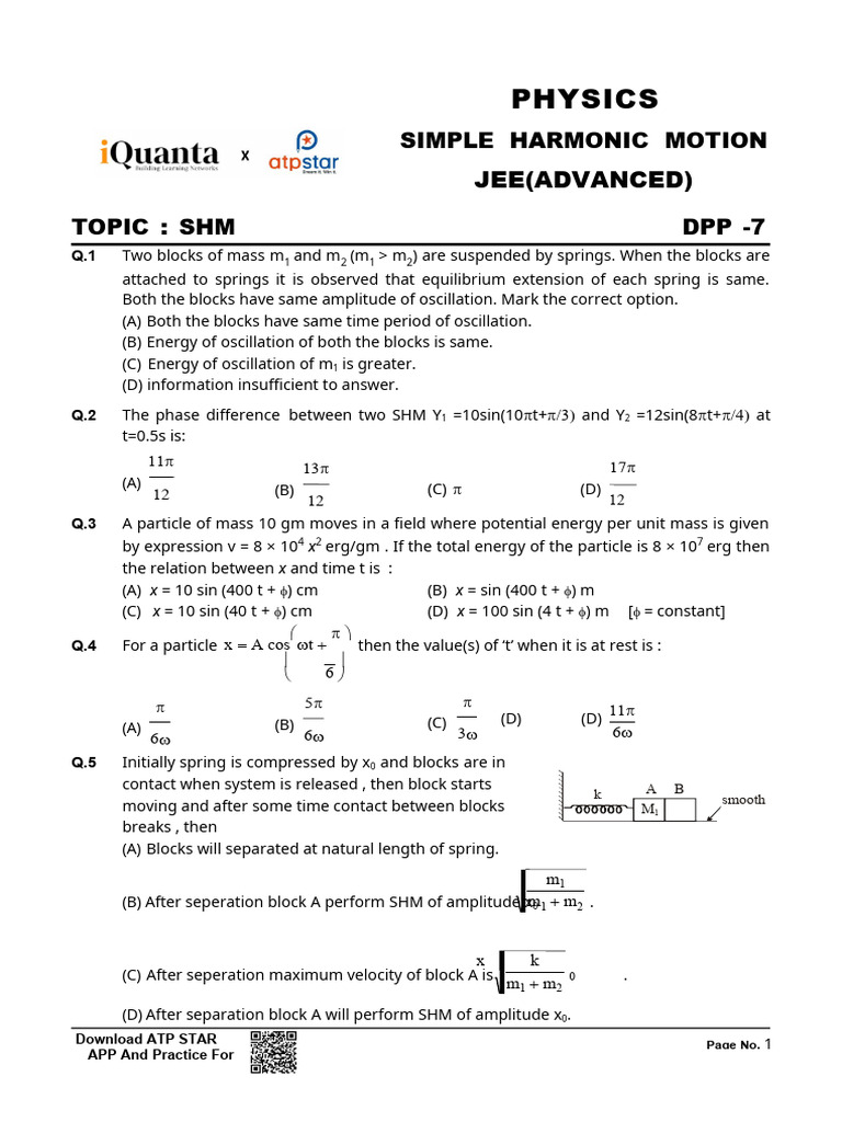 SHM Practice Questions for JEE Advanced | PDF | Oscillation | Physical ...