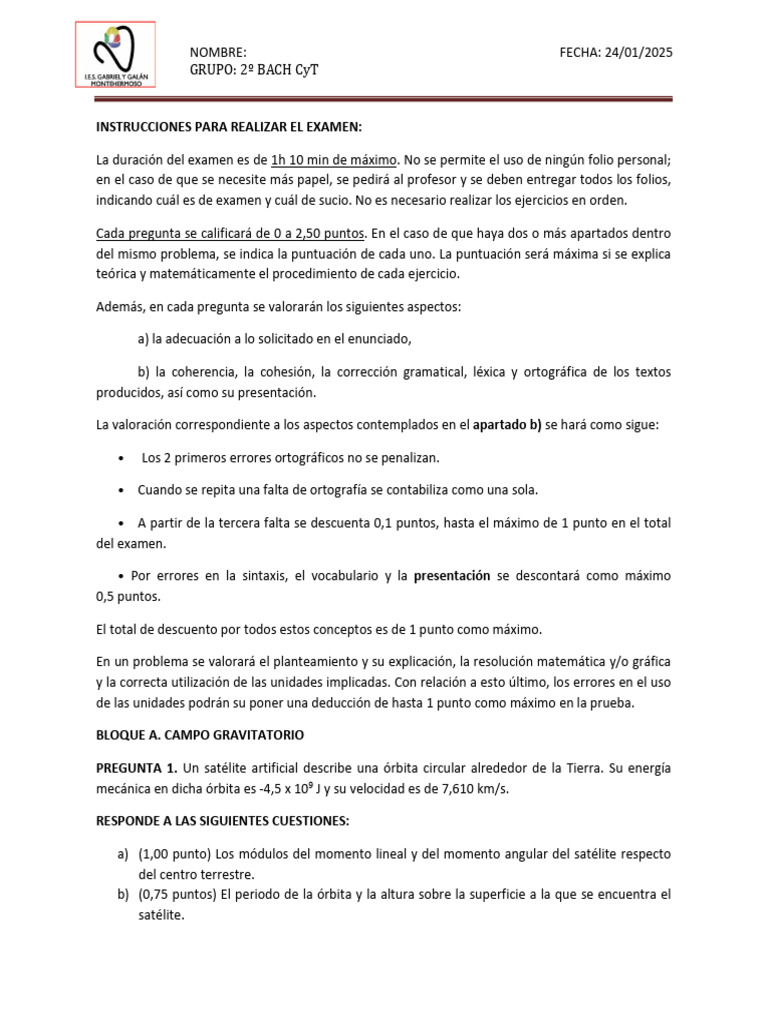 Prueba TEMAS 1 - 2 y 3. Bloques A y B. No Competencial 24-01-25 PDF | PDF | Velocidad | Inductor