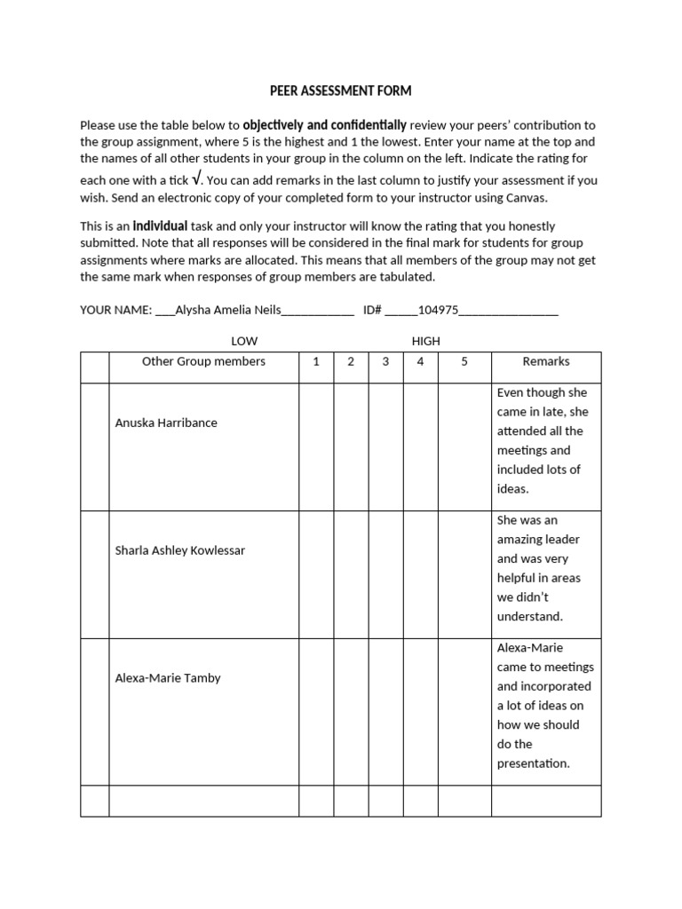 PEER ASSESSMENT FORM | PDF