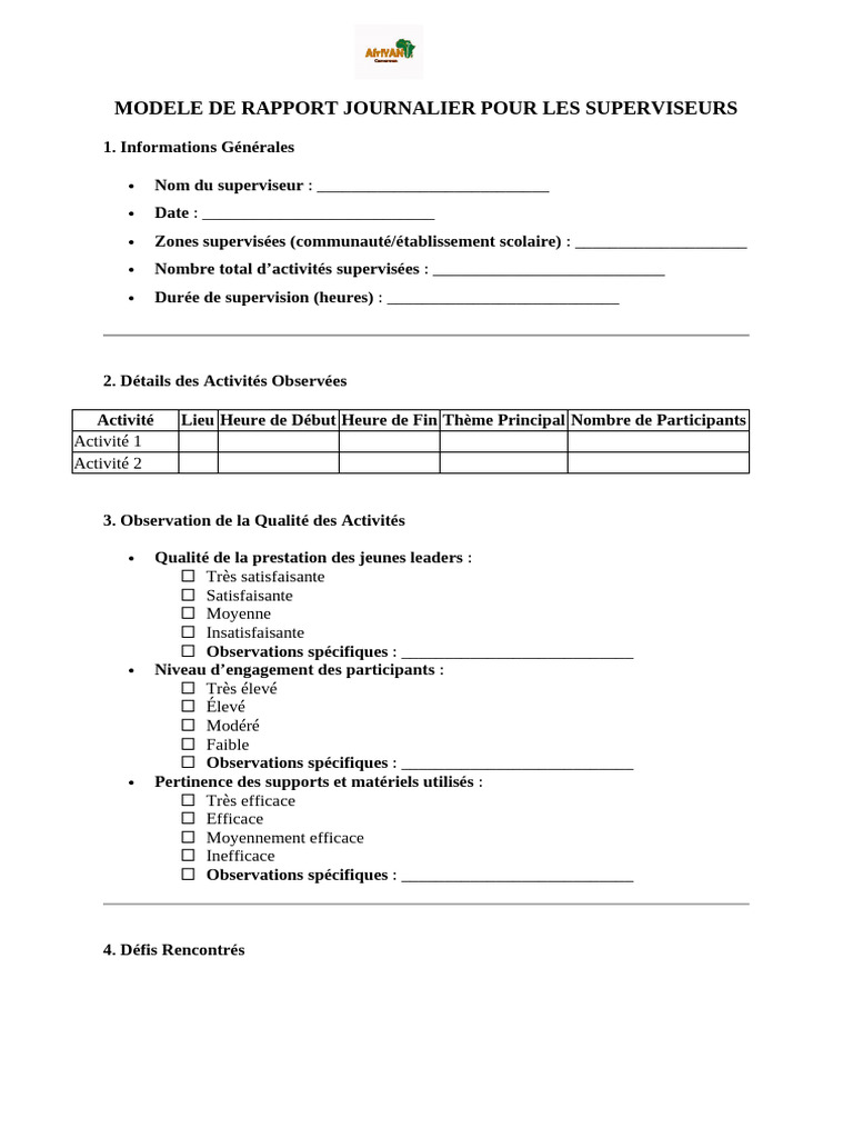 Modèle de Rapport Journalier Pour Les Superviseurs | PDF