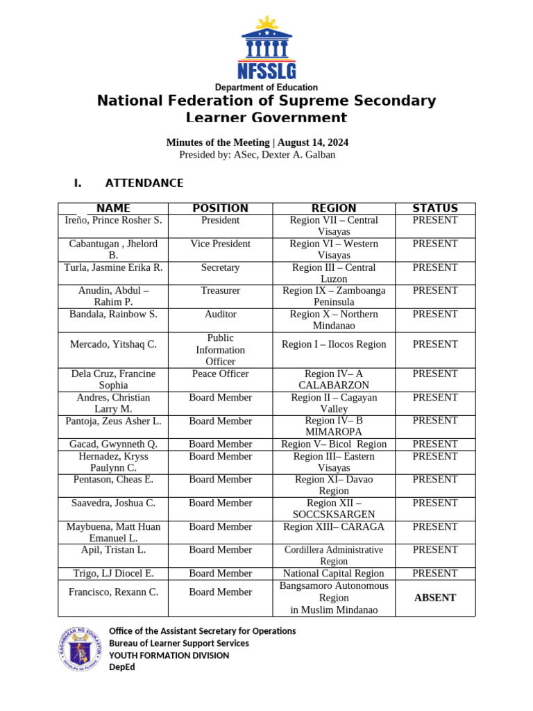 NFSSLG-2MoM August 12-With ASEC. | PDF | Leadership | Learning