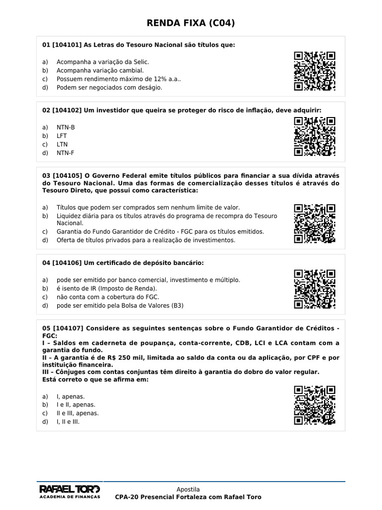 Prova Renda Fixa (C04) | PDF | Comprovante de depósito | Renda fixa
