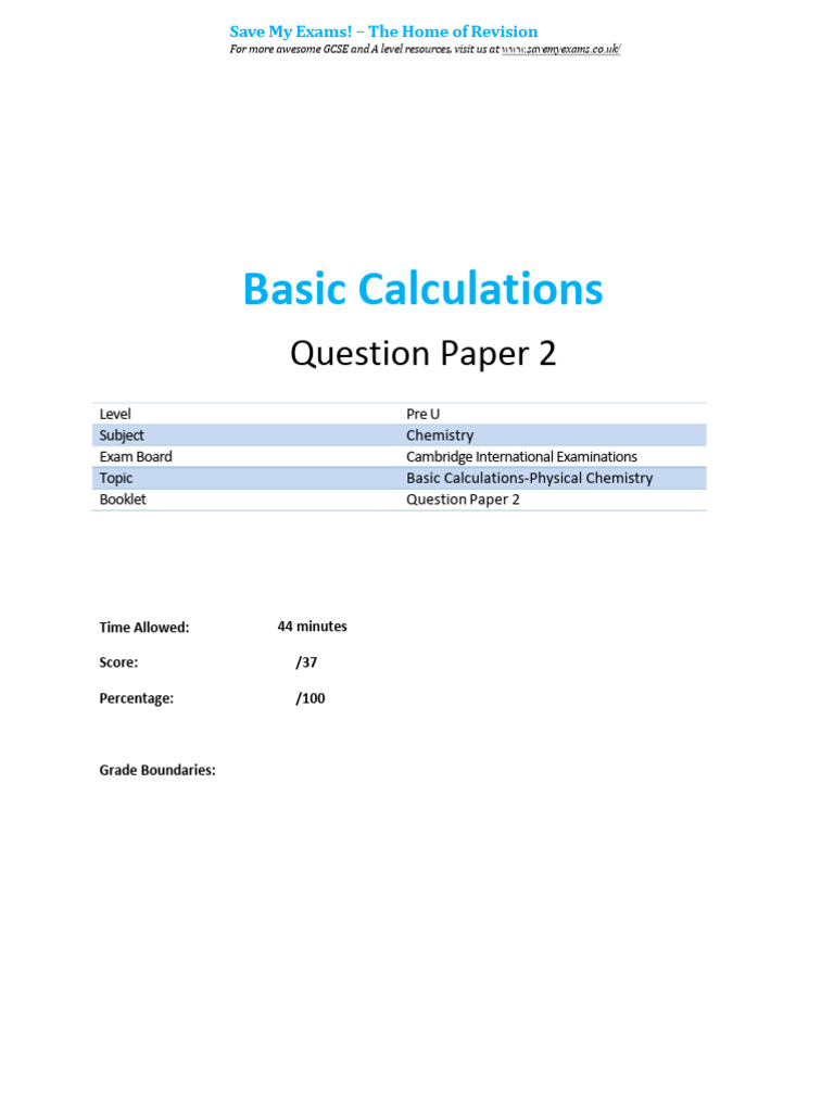 1-Basic Calculations-cie Pre u Chemistry 9791-Qp 2-Theory Paper A | PDF ...