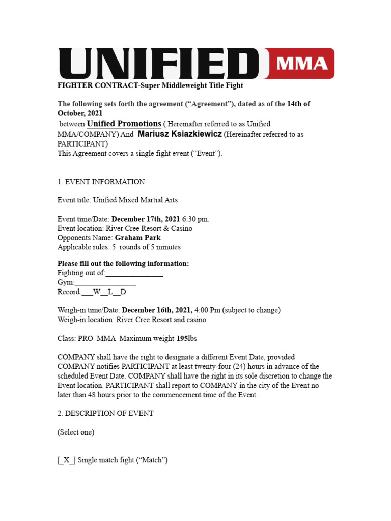 Super Middleweight Fighter Contract | PDF | Breach Of Contract | Mixed ...