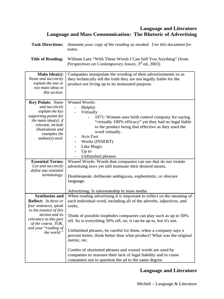 Lutz & Kilbourne Reading Notes, HL English | PDF | Advertising ...