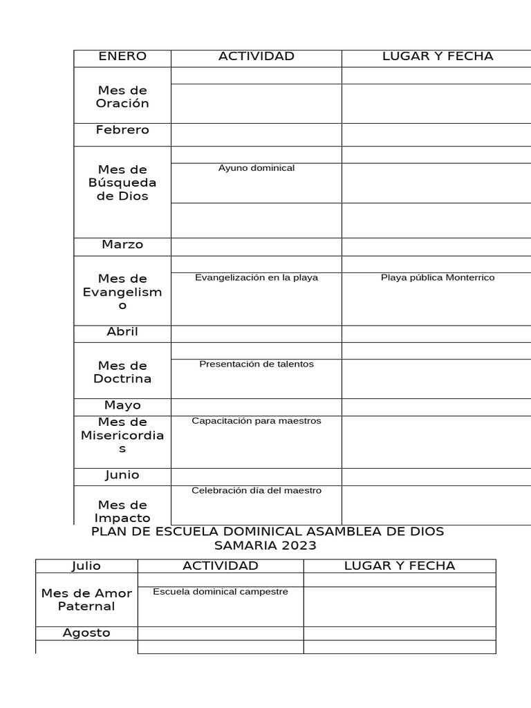 Plan de Trabajo Escuela Dominical Asamblea de Dios Samaria 2023 | PDF