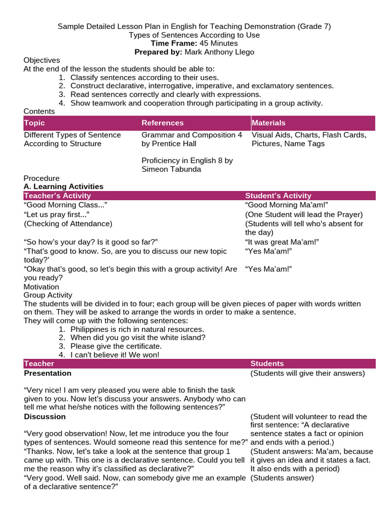 Sample-Detailed-Lesson-Plan-in-English-for-Teaching-Demonstration | PDF | Question | Sentence ...