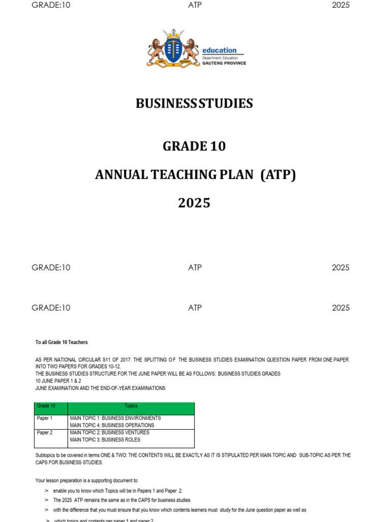 2025 BSTD Grade 10 Atp | PDF | Swot Analysis | Business