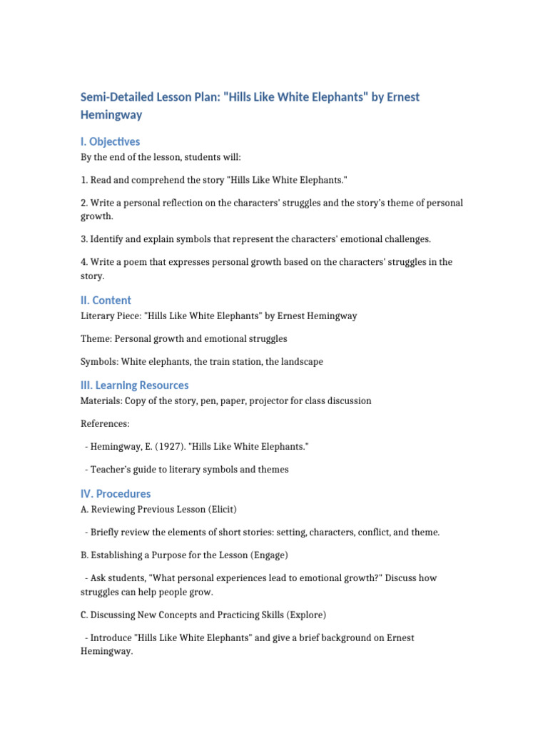 "Hills Like White Elephants" Lesson Plan | PDF | Lesson Plan | Reading ...