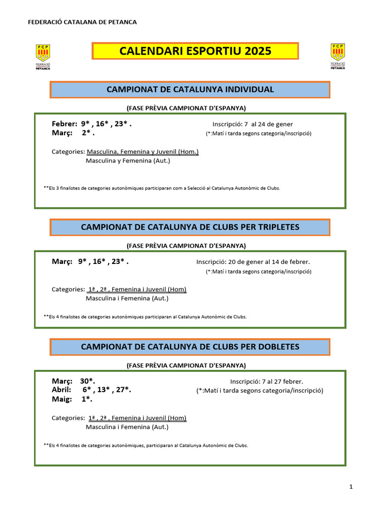 Calendari Esportiu 2025 Cat 1 | PDF