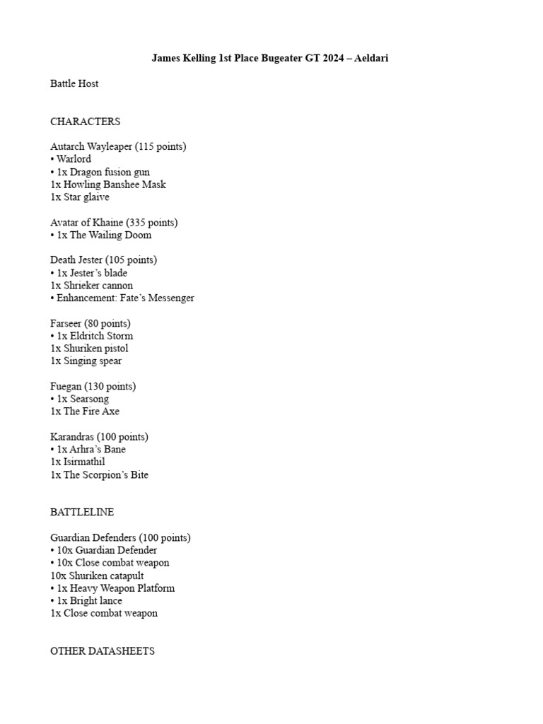 James Kelling 1st Place Bugeater GT 2024 - Aeldari | PDF