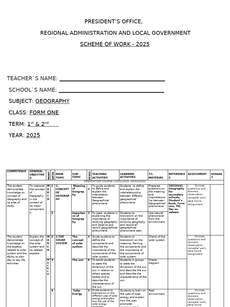Geography Form One Scheme of Work 2025 | PDF | Longitude | Geography