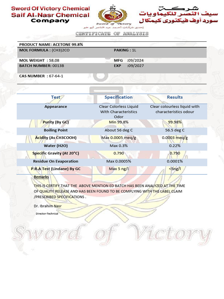 Acetone 99.8% Certificate of Analysis | PDF