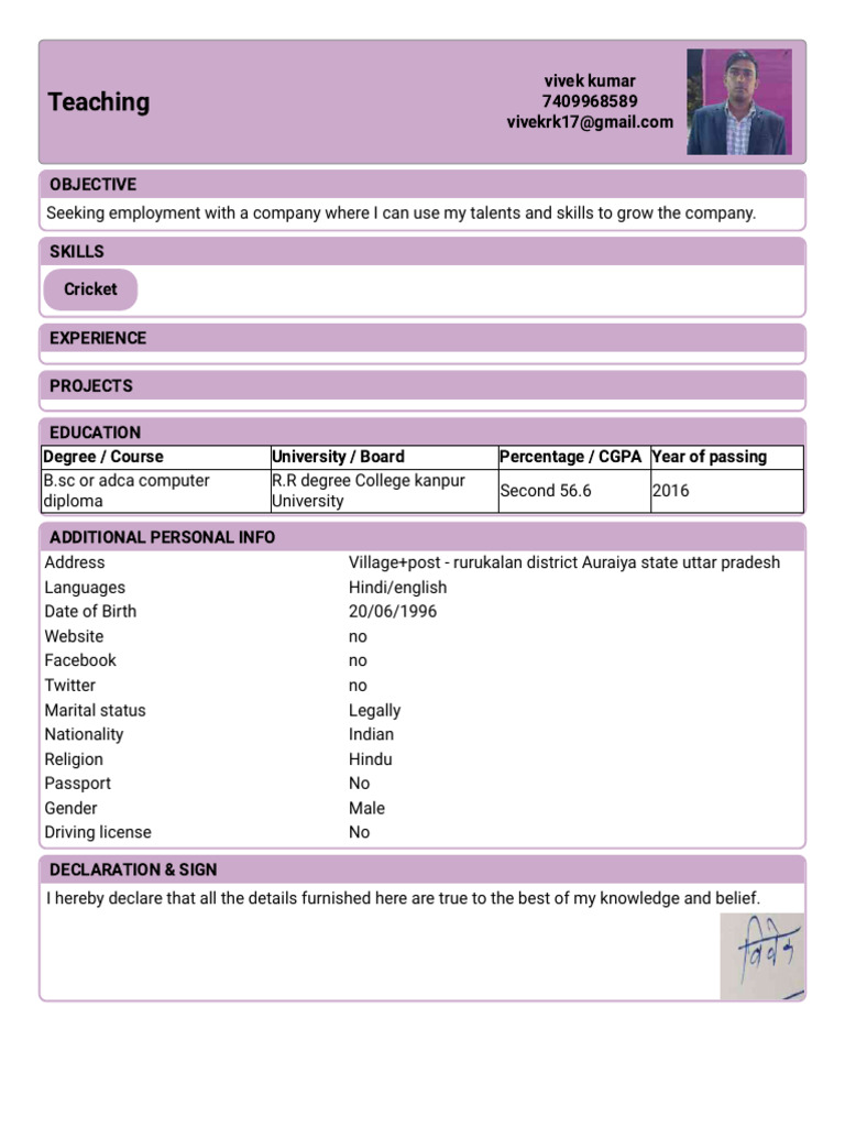 Resume of Vivek Kumar - Job Seeker | PDF